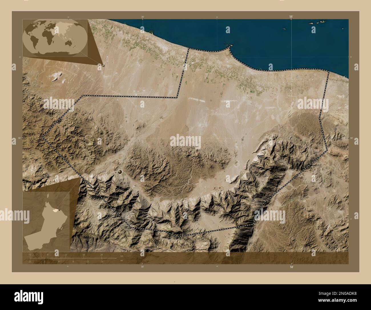 Al Batinah South, region of Oman. Low resolution satellite map. Corner ...