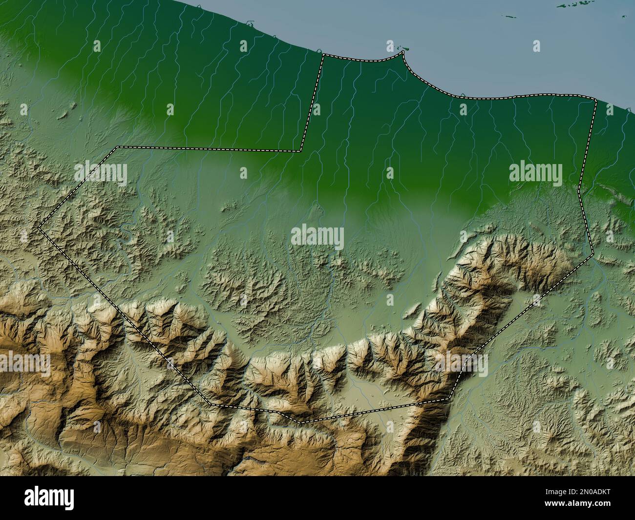 Al Batinah South, region of Oman. Colored elevation map with lakes and ...