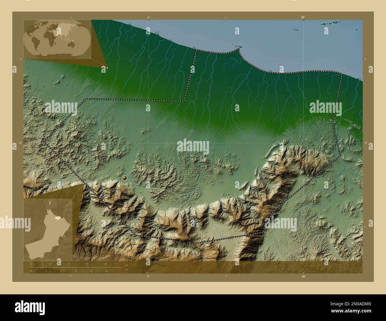 Al Batinah South, region of Oman. Colored elevation map with lakes and ...