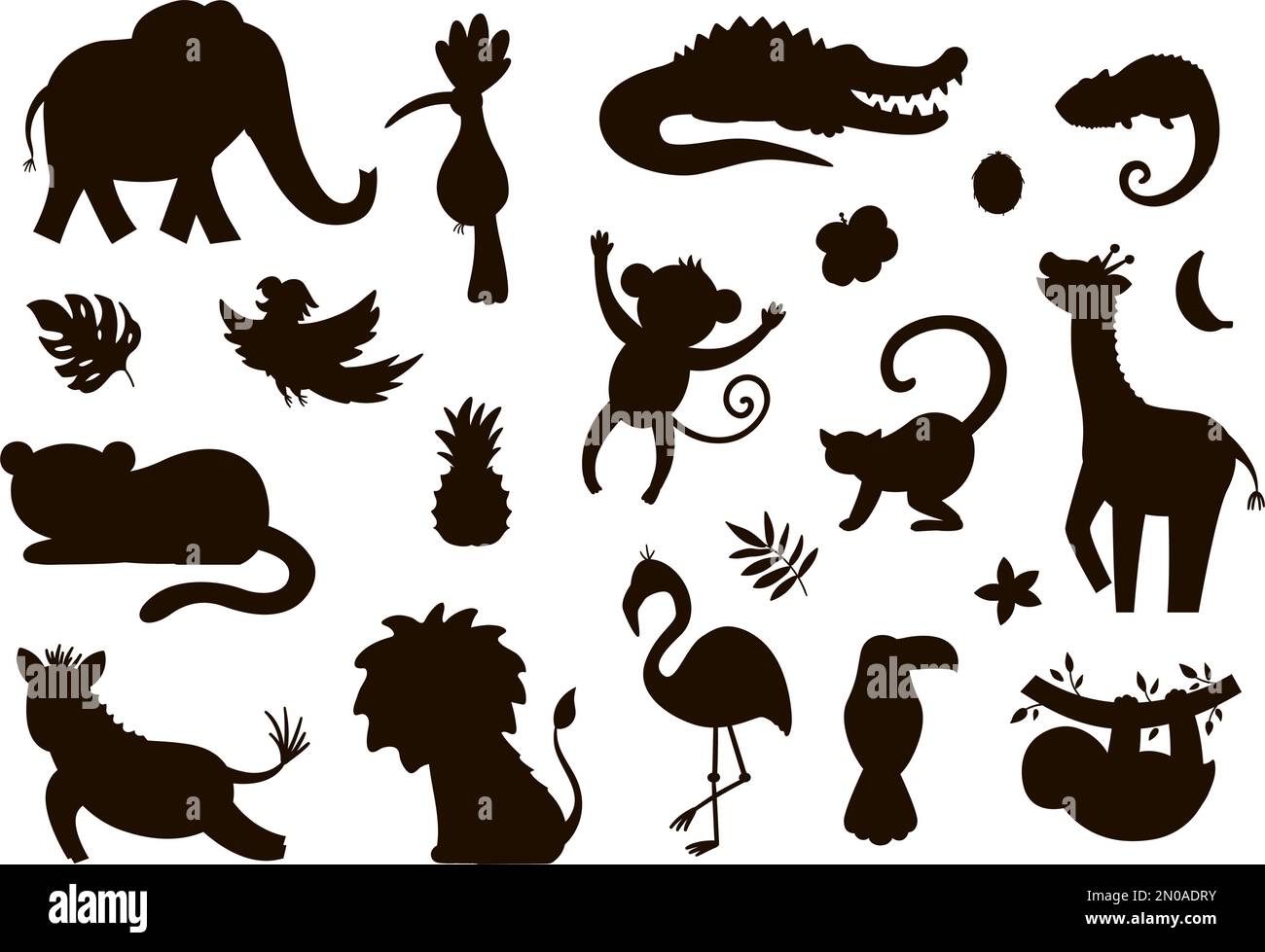 Vector cute exotic animals, leaves, flowers, fruits silhouettes ...