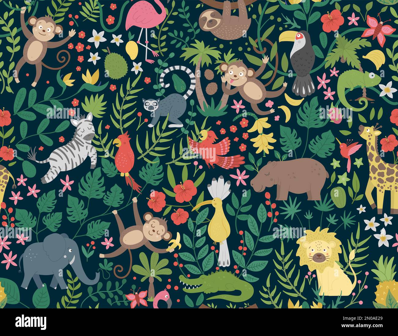 Vector seamless Pattern with cute exotic animals, leaves, flowers ...