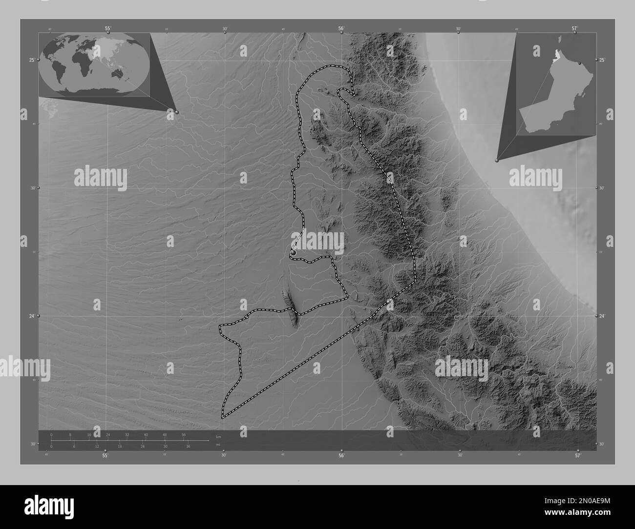 Al Buraymi, region of Oman. Grayscale elevation map with lakes and ...