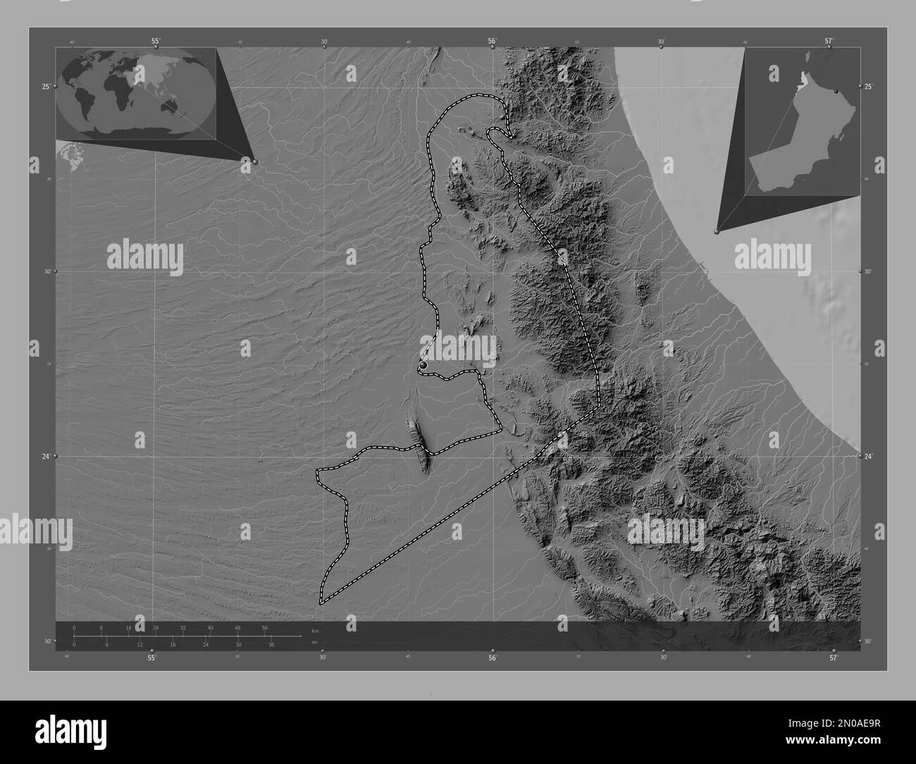 Al Buraymi, region of Oman. Bilevel elevation map with lakes and rivers ...
