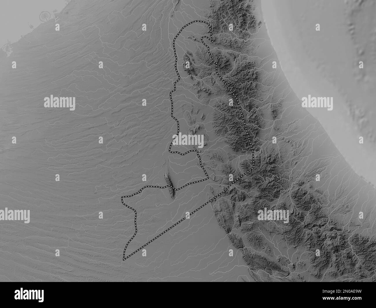 Al Buraymi, region of Oman. Grayscale elevation map with lakes and ...
