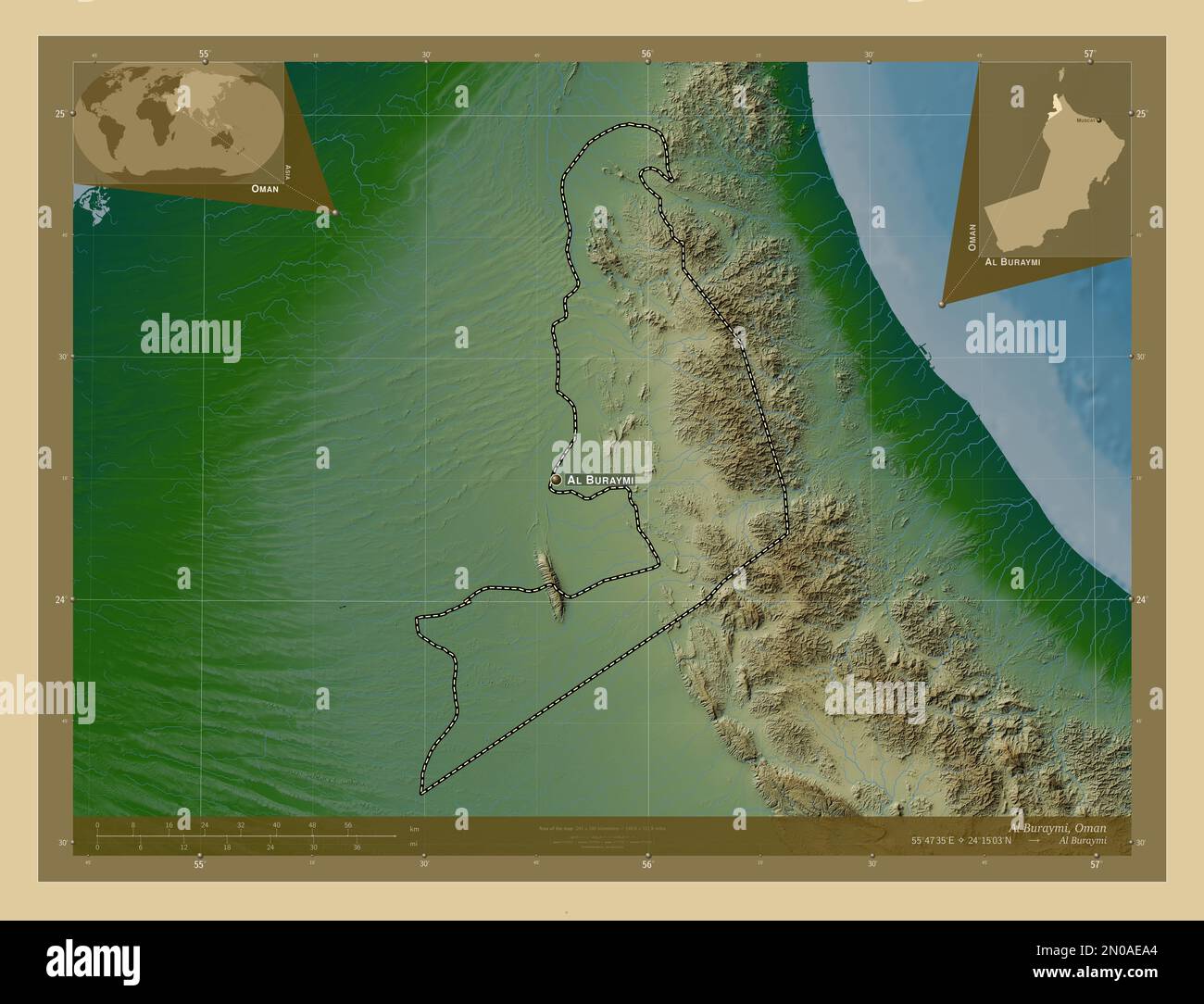 Al Buraymi, region of Oman. Colored elevation map with lakes and rivers ...