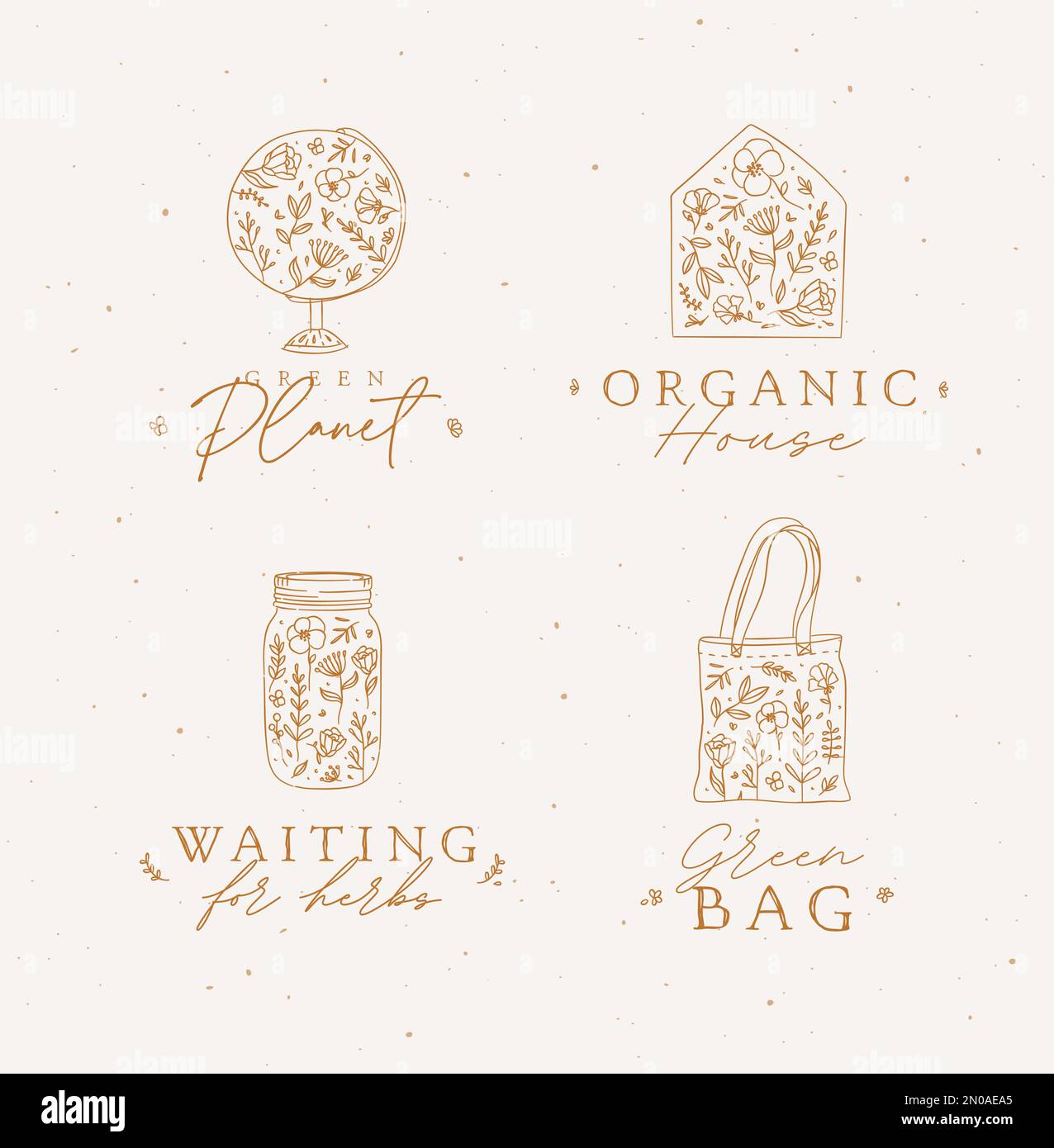 Labels globe, envelope, hand bag, jar of jam with flowers drawing on ...