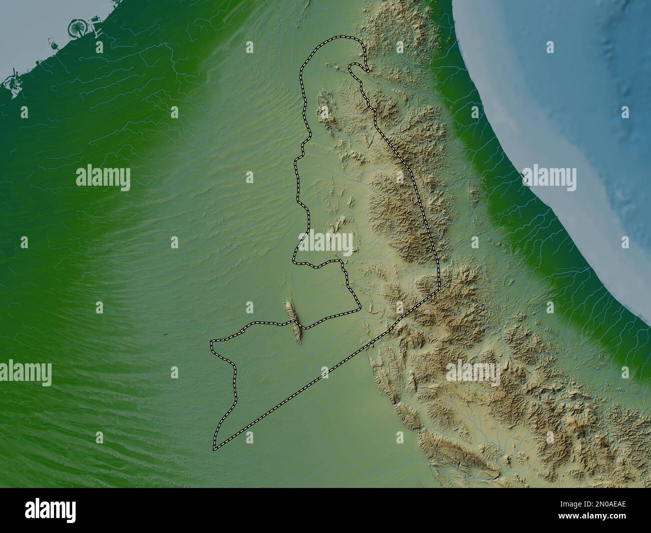 Al Buraymi, region of Oman. Colored elevation map with lakes and rivers ...