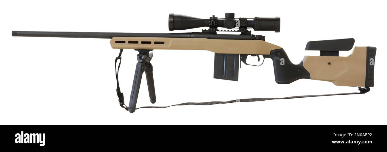 High power bolt action rifle with bipod and scope mounted Stock Photo ...