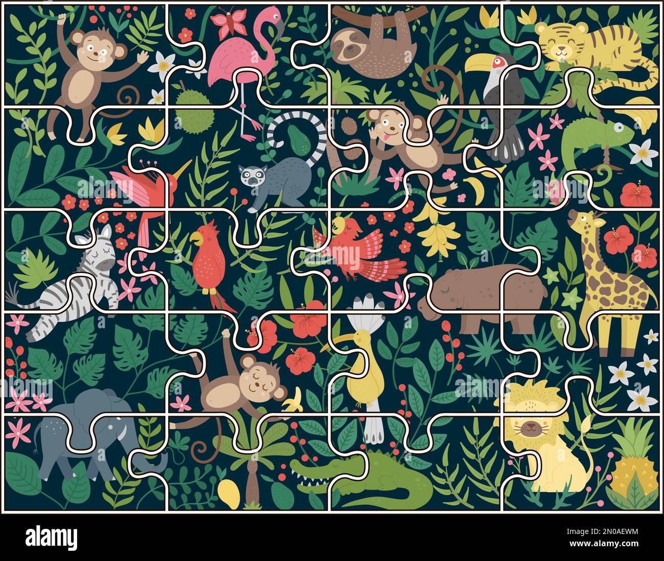 Vector background with cute exotic animals, leaves, flowers, fruits ...