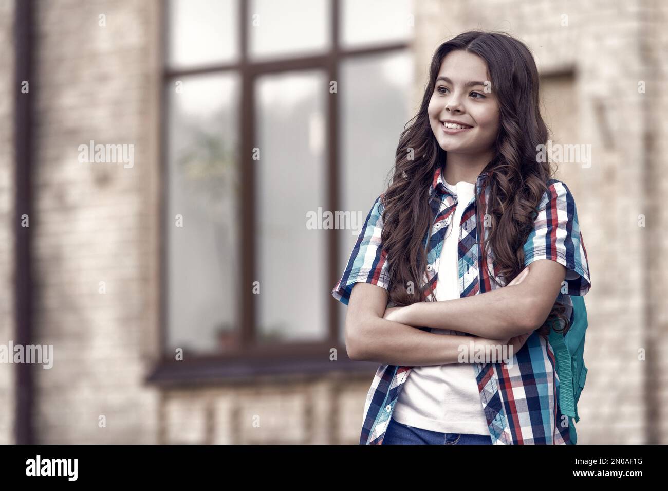 Go beyond traditional learning. Happy child look into distance ...