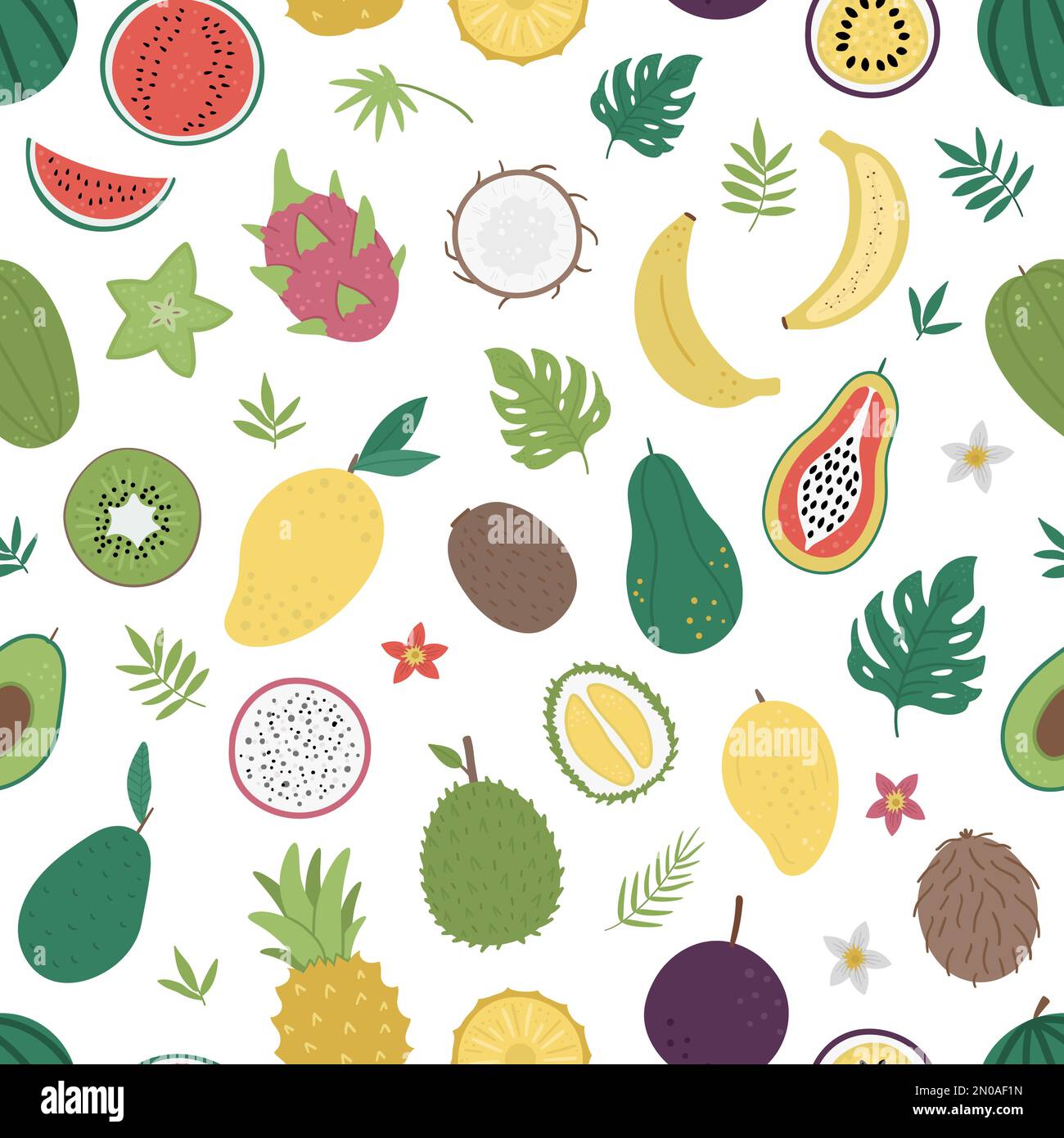 Vector seamless pattern with tropical fruit and berries with slices and ...