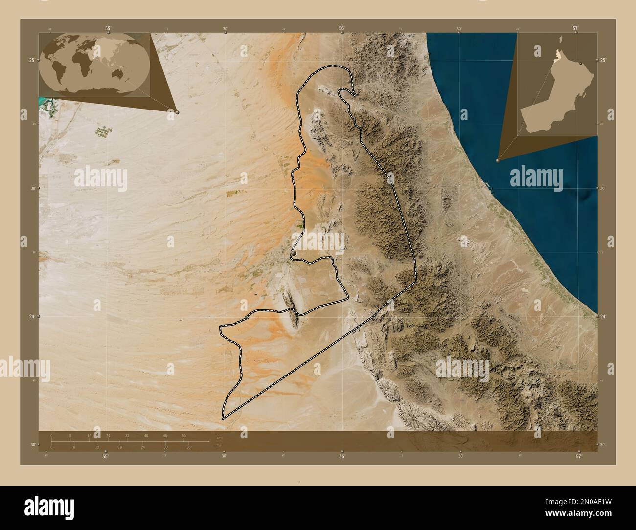 Al Buraymi, region of Oman. Low resolution satellite map. Corner ...