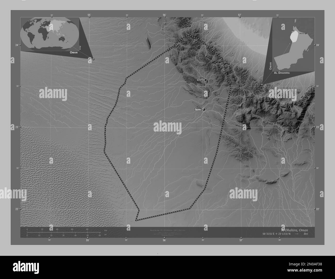 Al Dhahira, region of Oman. Grayscale elevation map with lakes and ...