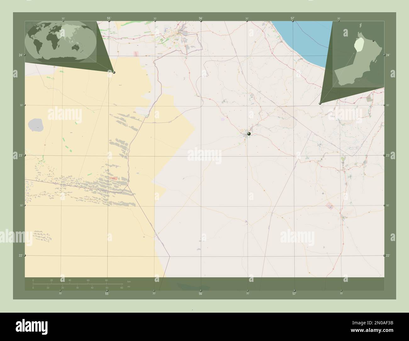 Al Dhahira, region of Oman. Open Street Map. Corner auxiliary location ...