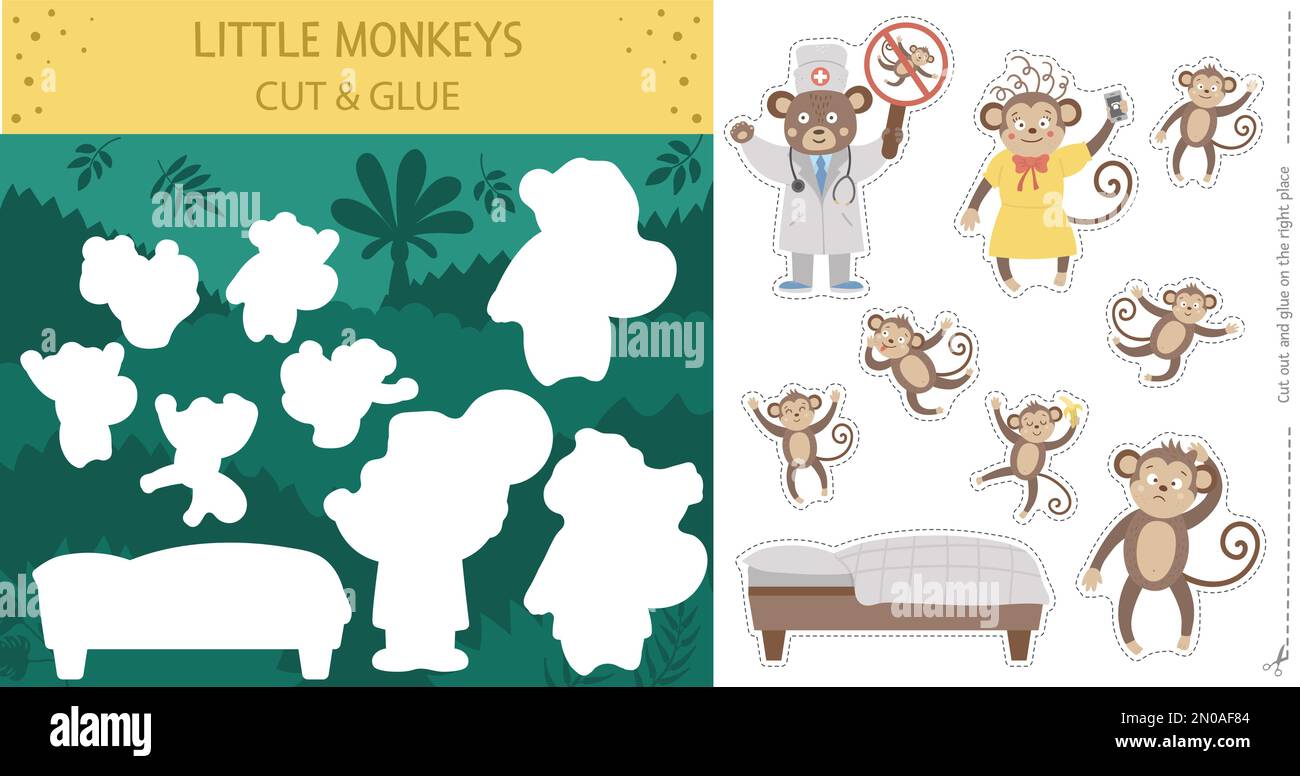 Vector summer cut and glue activity with five little monkeys. Tropical ...