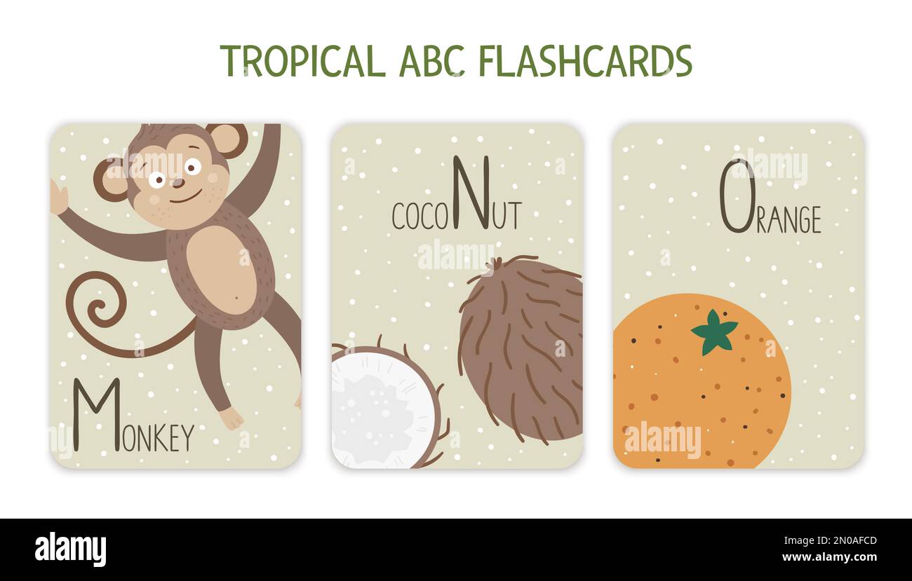 Colorful alphabet letters M, N, O. Phonics flashcard with tropical animals, birds, fruit, plants ...