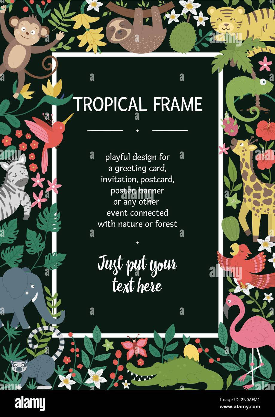 Vector vertical layout frame with cute exotic animals, leaves, flowers ...