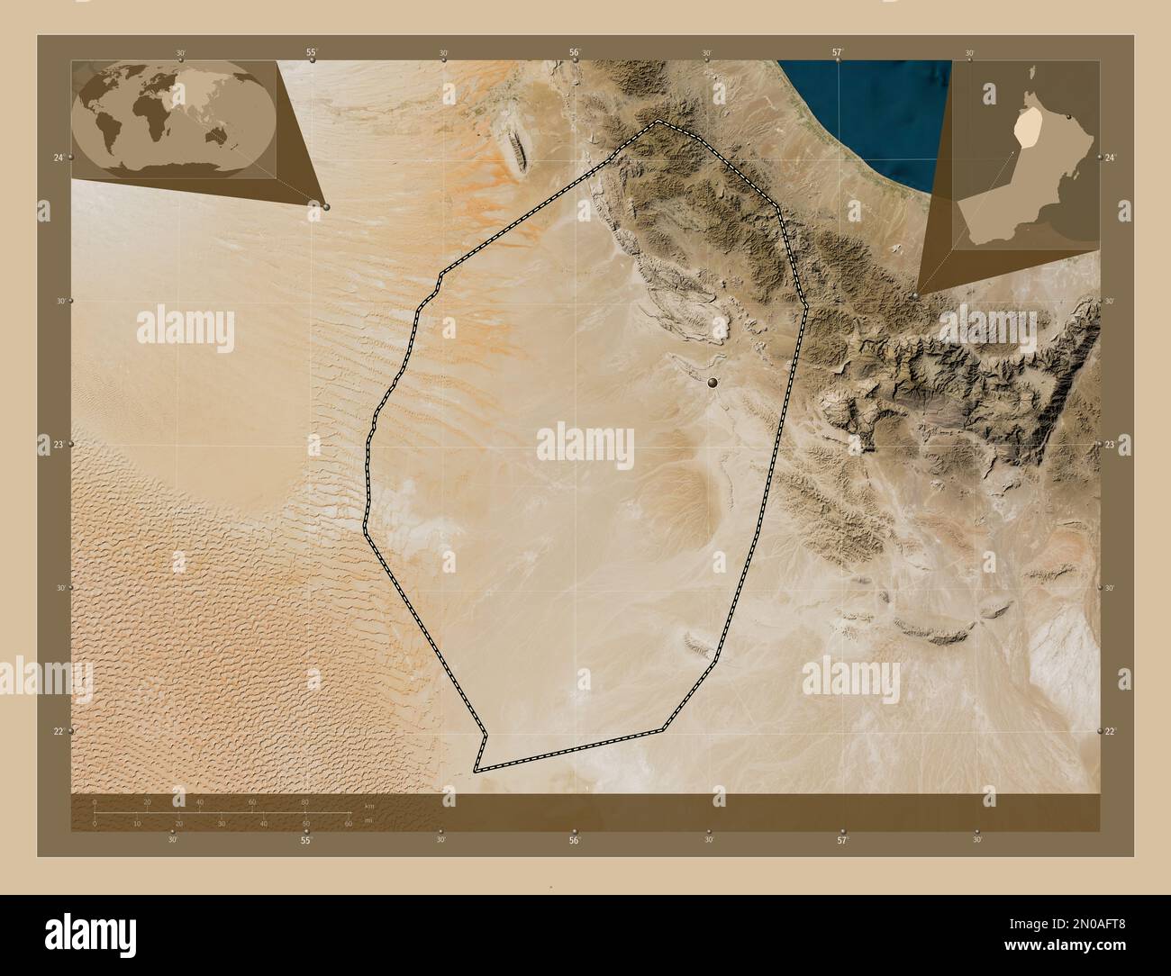 Al Dhahira, region of Oman. Low resolution satellite map. Corner ...