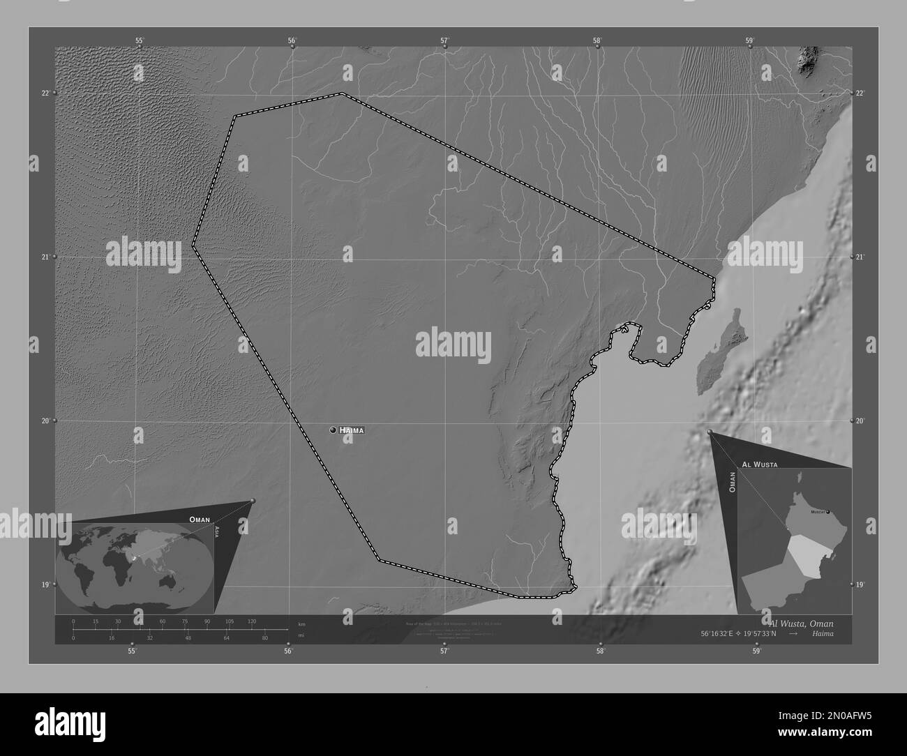 Al Wusta, region of Oman. Bilevel elevation map with lakes and rivers ...