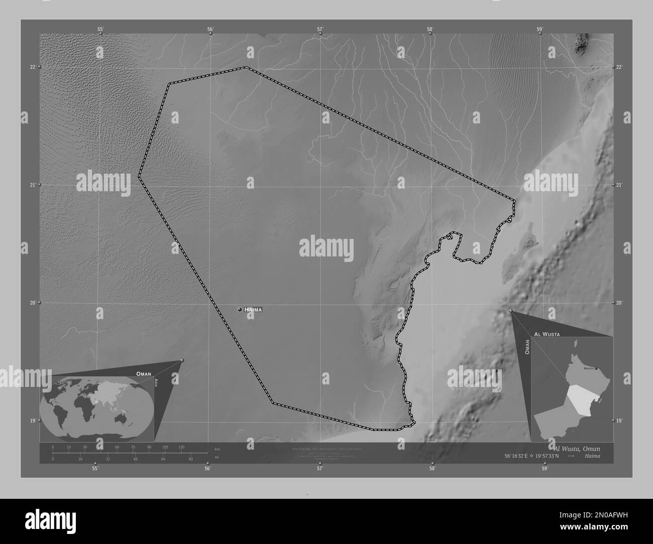 Al Wusta, region of Oman. Grayscale elevation map with lakes and rivers. Locations and names of ...