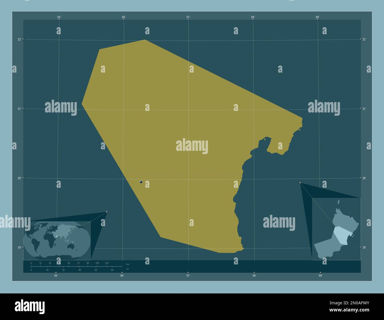 Al Wusta, region of Oman. Solid color shape. Locations of major cities ...