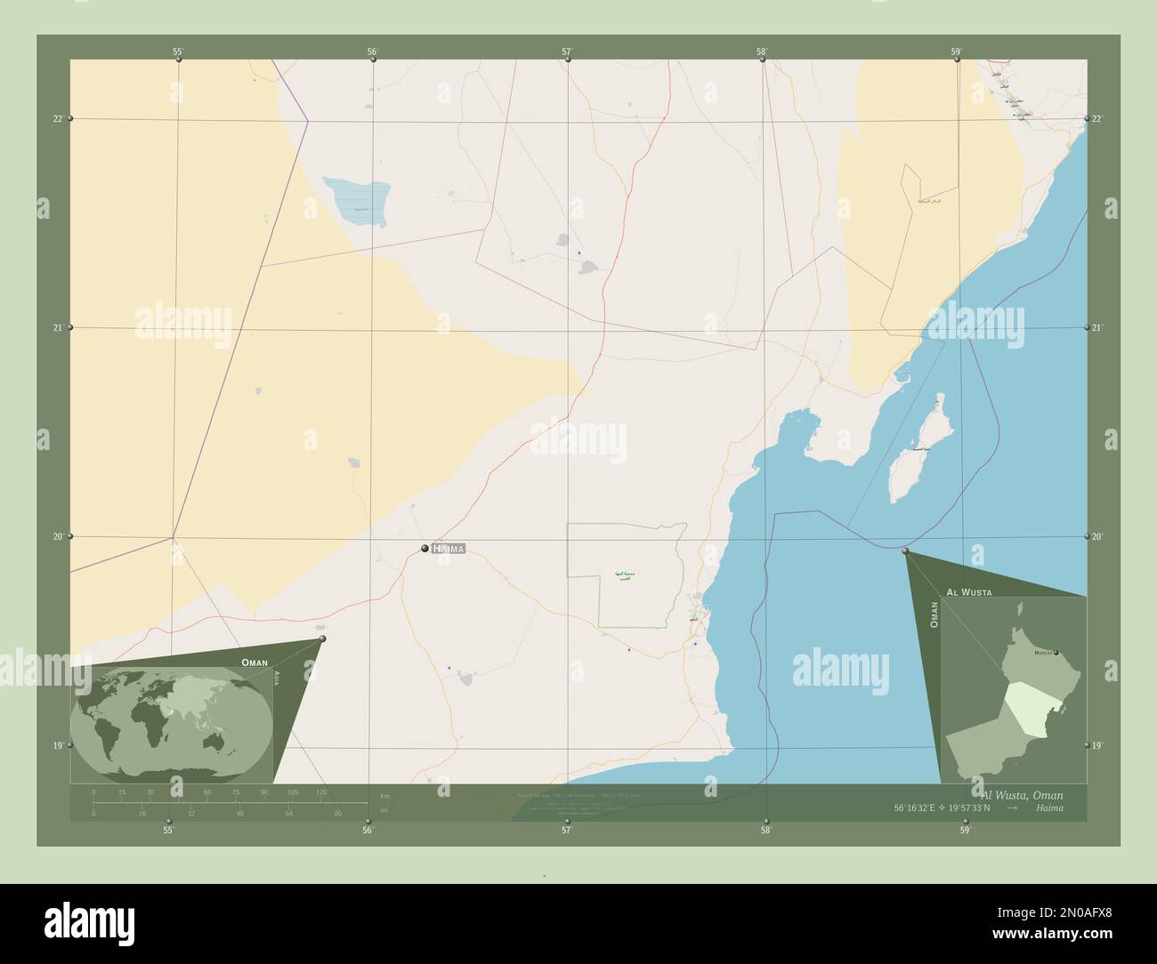 Al Wusta, region of Oman. Open Street Map. Locations and names of major cities of the region ...