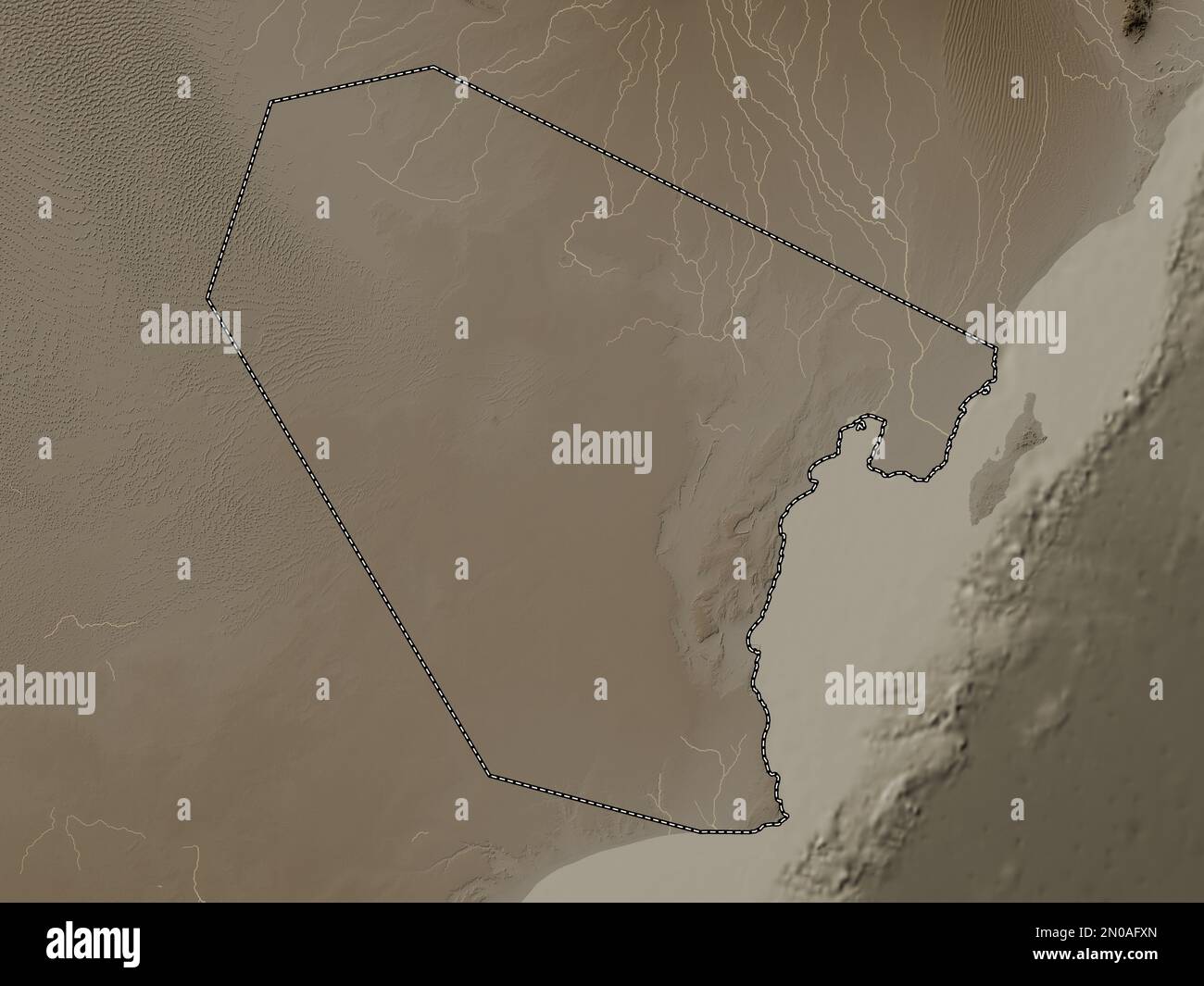 Al Wusta, region of Oman. Elevation map colored in sepia tones with ...