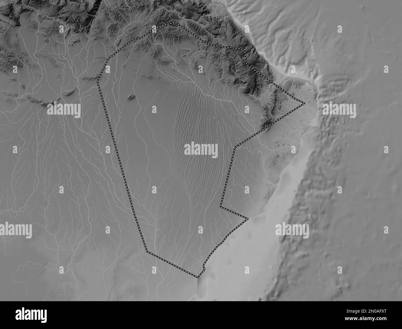 Ash Sharqiyah North, region of Oman. Grayscale elevation map with lakes ...