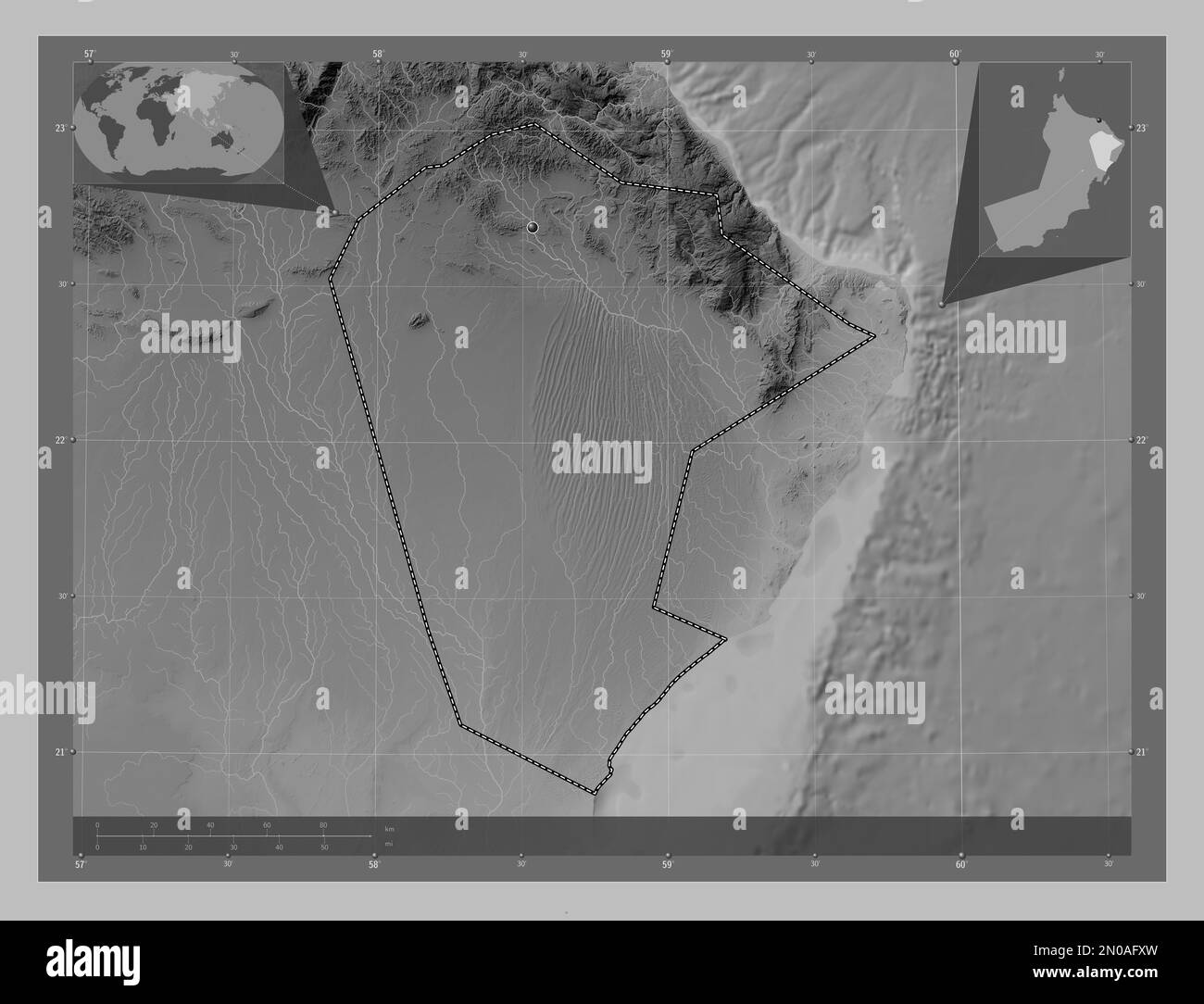 Ash Sharqiyah North, region of Oman. Grayscale elevation map with lakes ...