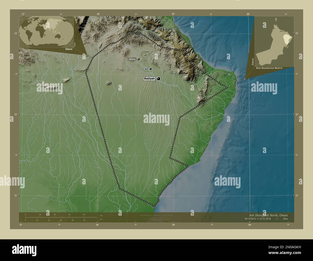 Ash Sharqiyah North, region of Oman. Elevation map colored in wiki ...