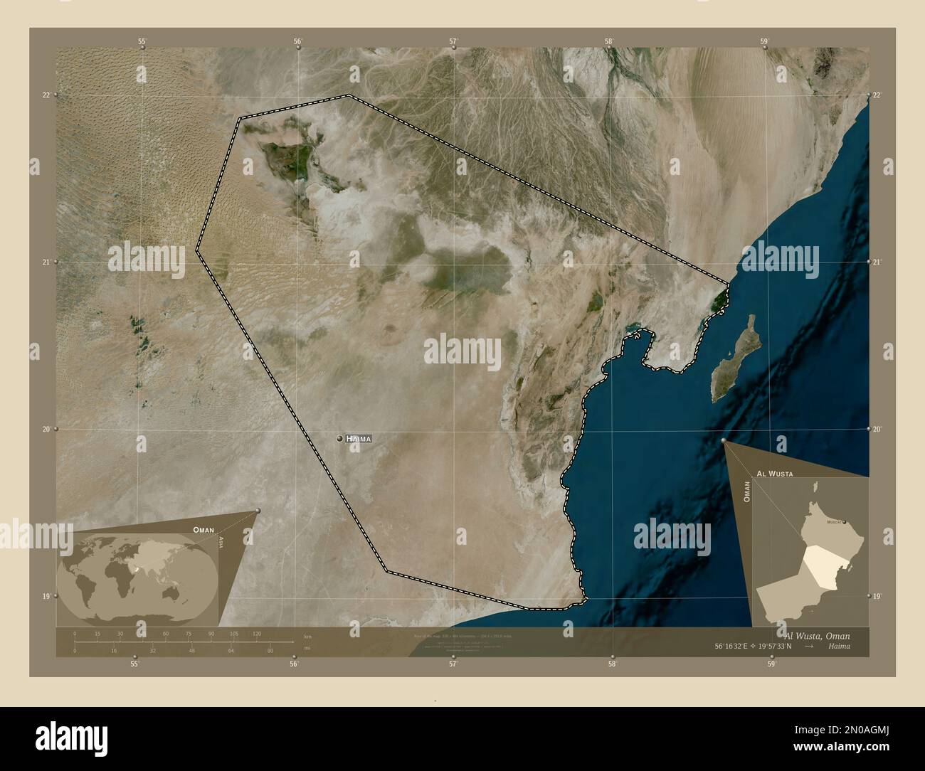 Al Wusta, region of Oman. High resolution satellite map. Locations and names of major cities of ...