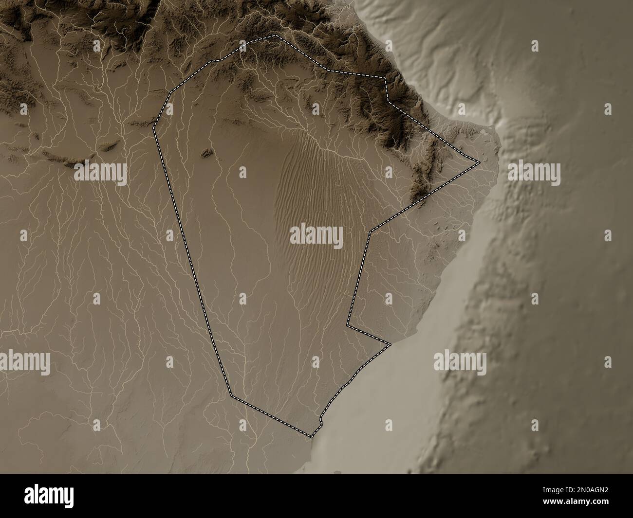 Ash Sharqiyah North, region of Oman. Elevation map colored in sepia ...