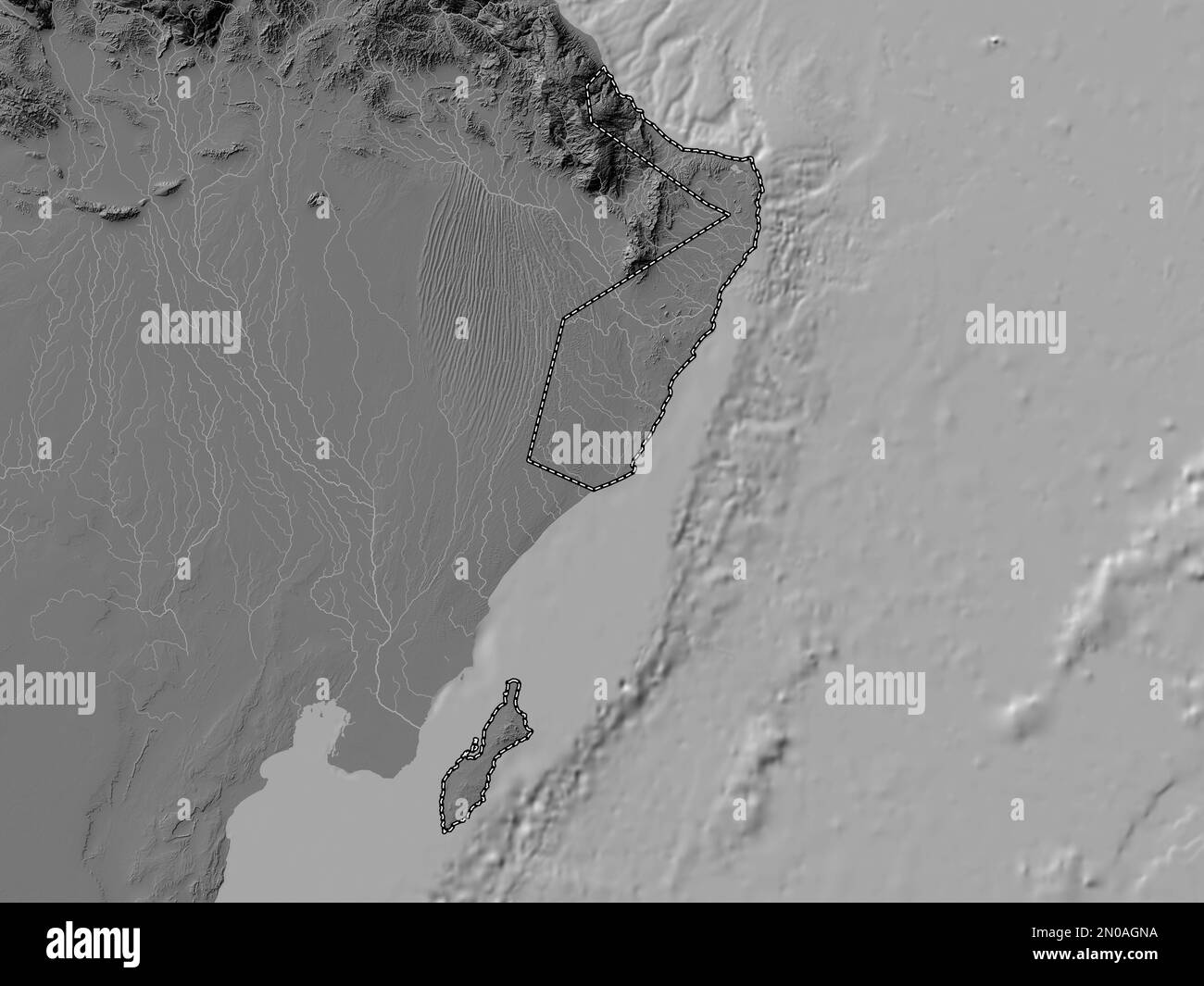 Ash Sharqiyah South, region of Oman. Bilevel elevation map with lakes ...