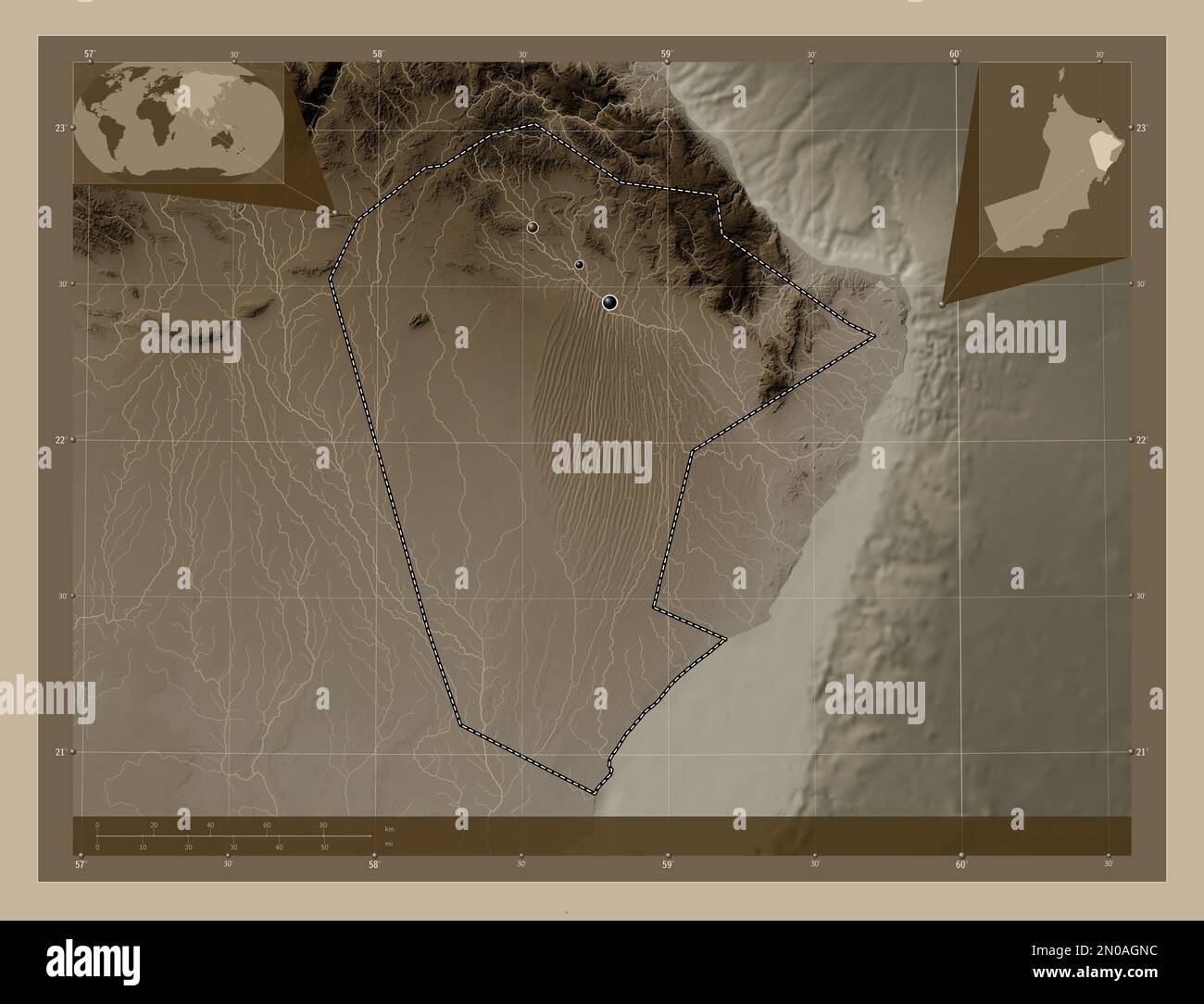 Ash Sharqiyah North, region of Oman. Elevation map colored in sepia ...