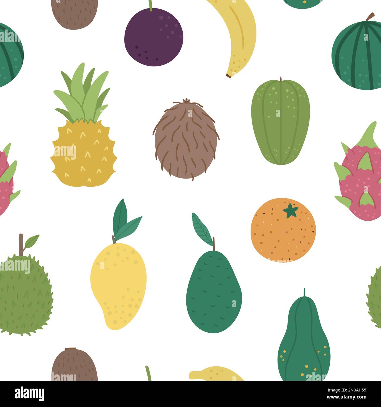 Vector seamless pattern with tropical fruit and berries. Jungle foliage ...