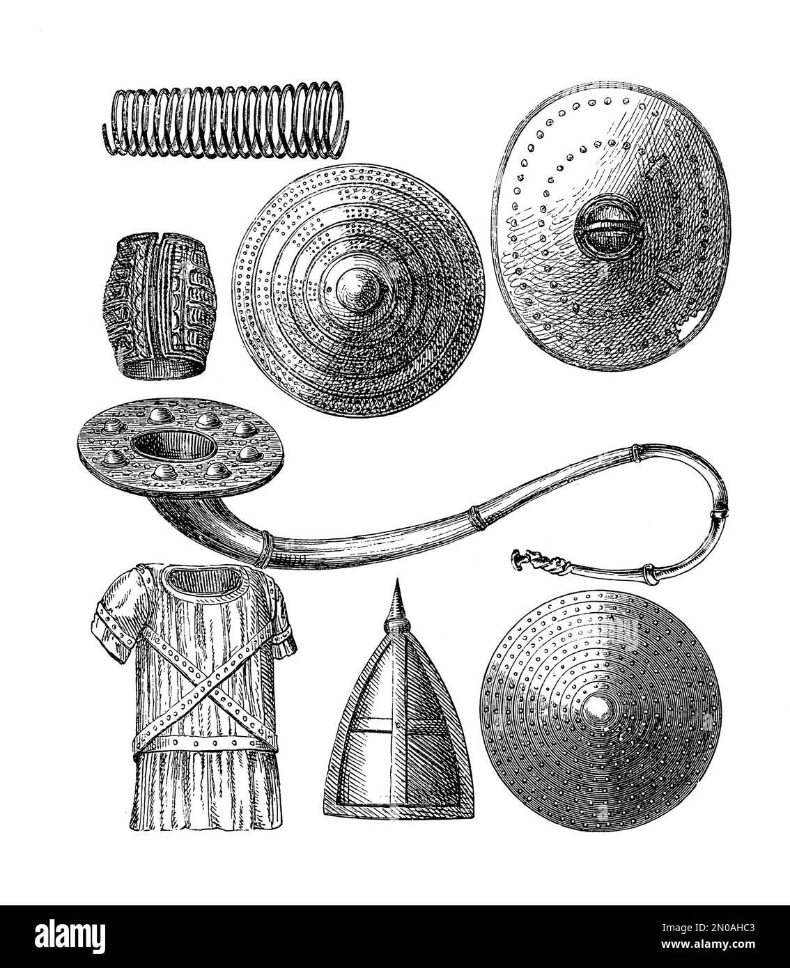 Antique 19th-century engraving of medieval military equipment ...