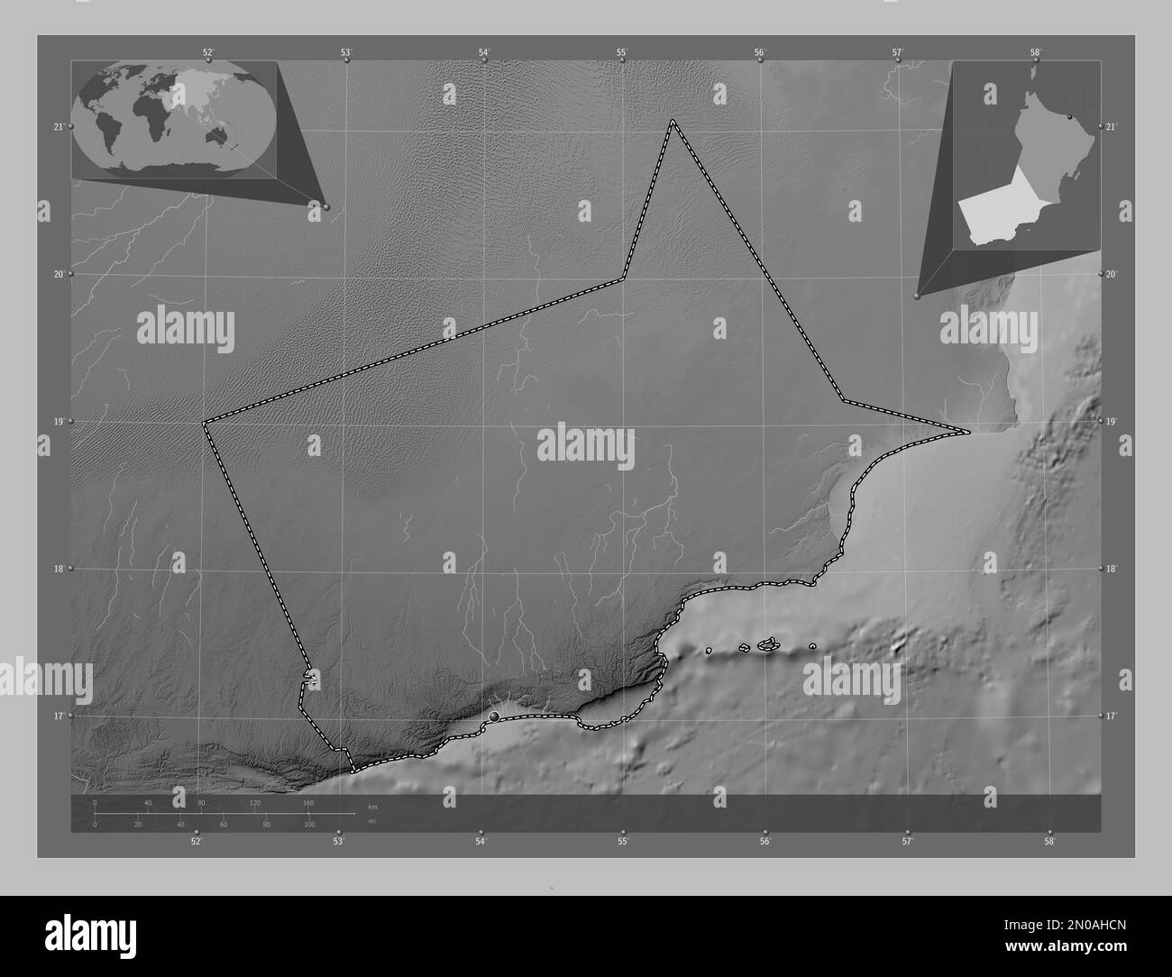 Dhofar, province of Oman. Grayscale elevation map with lakes and rivers ...