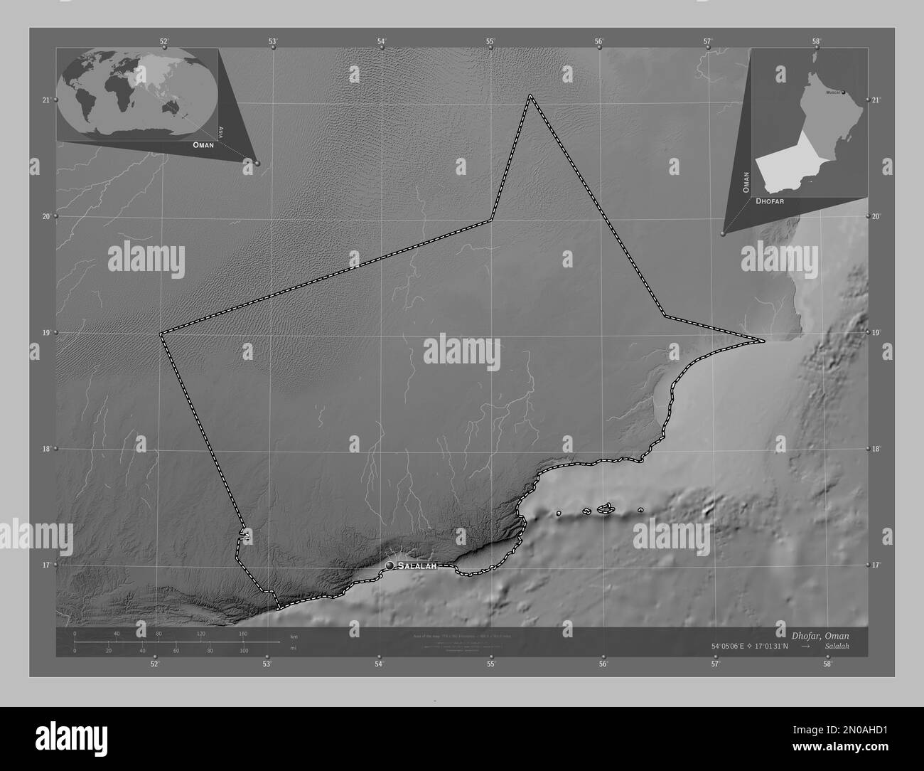 Dhofar, province of Oman. Grayscale elevation map with lakes and rivers ...