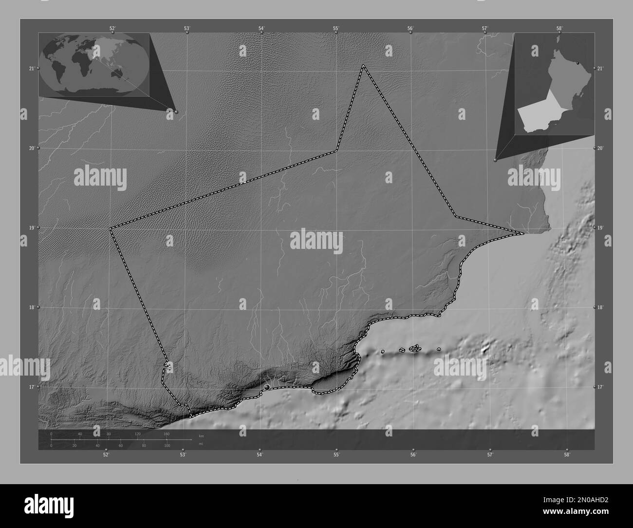 Dhofar, province of Oman. Bilevel elevation map with lakes and rivers ...
