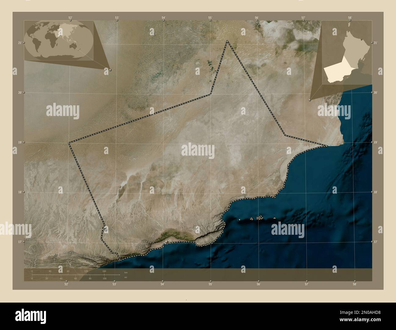 Dhofar, province of Oman. High resolution satellite map. Locations of ...
