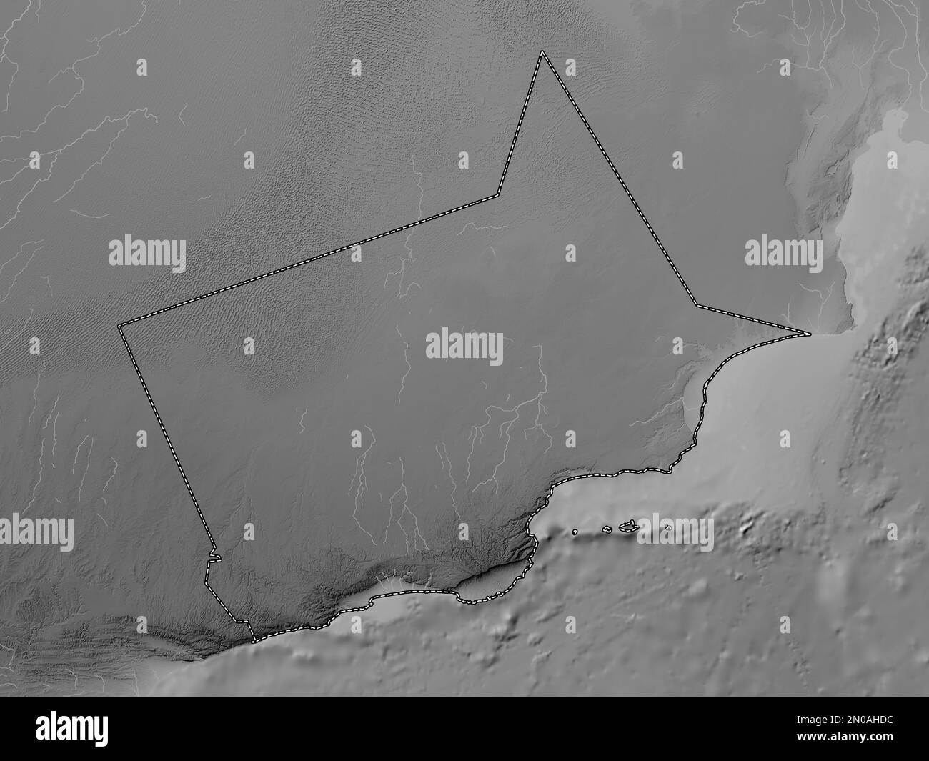 Dhofar, province of Oman. Grayscale elevation map with lakes and rivers ...