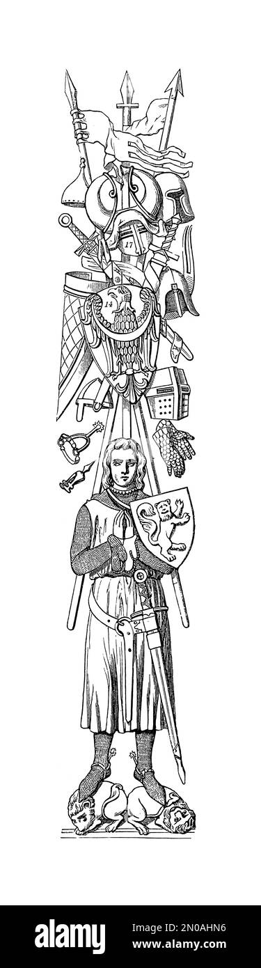 Antique 19th-century illustration of a medieval knight. Engraving ...