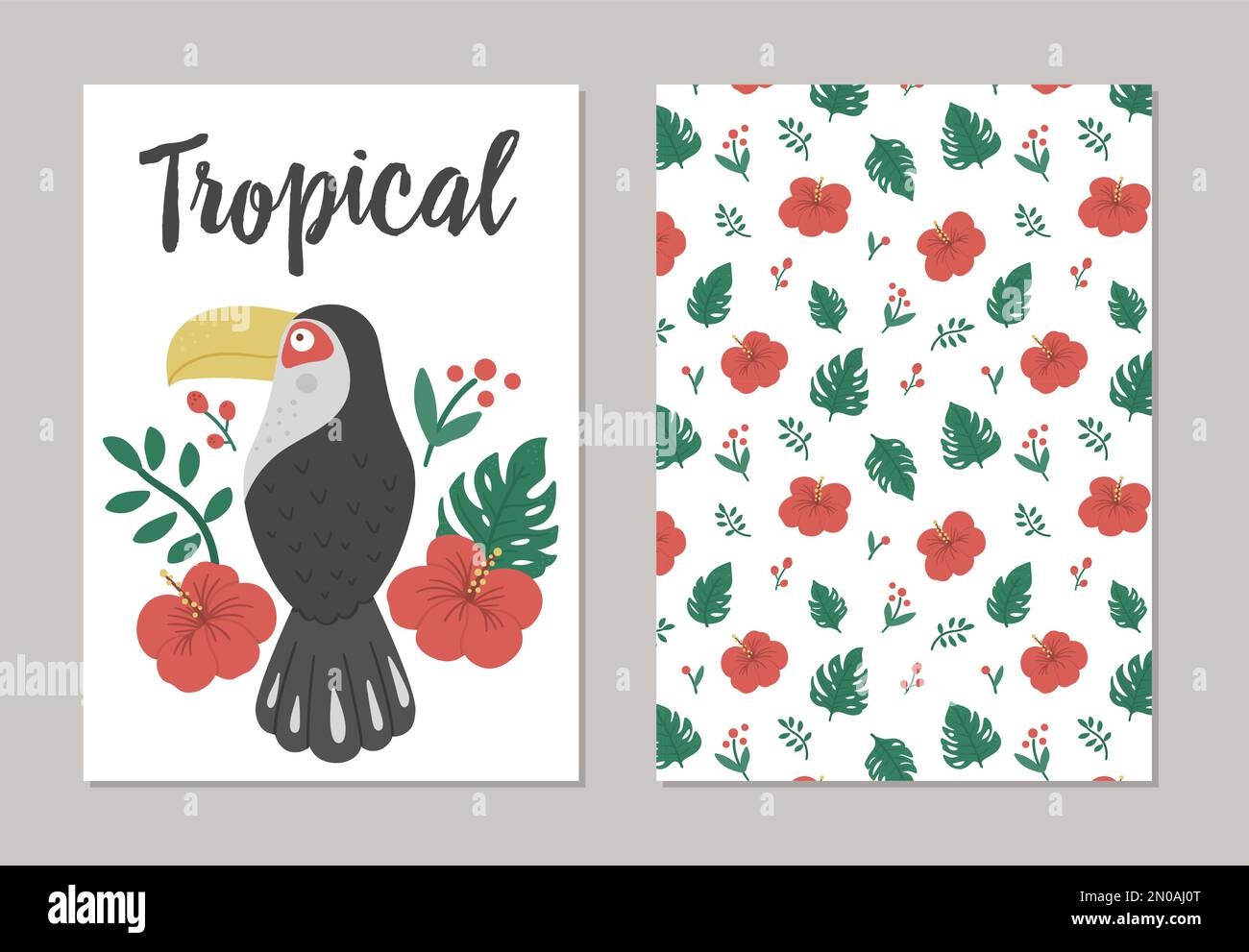 Set of vector summer pre-made designs with tropical bird, plants and ...