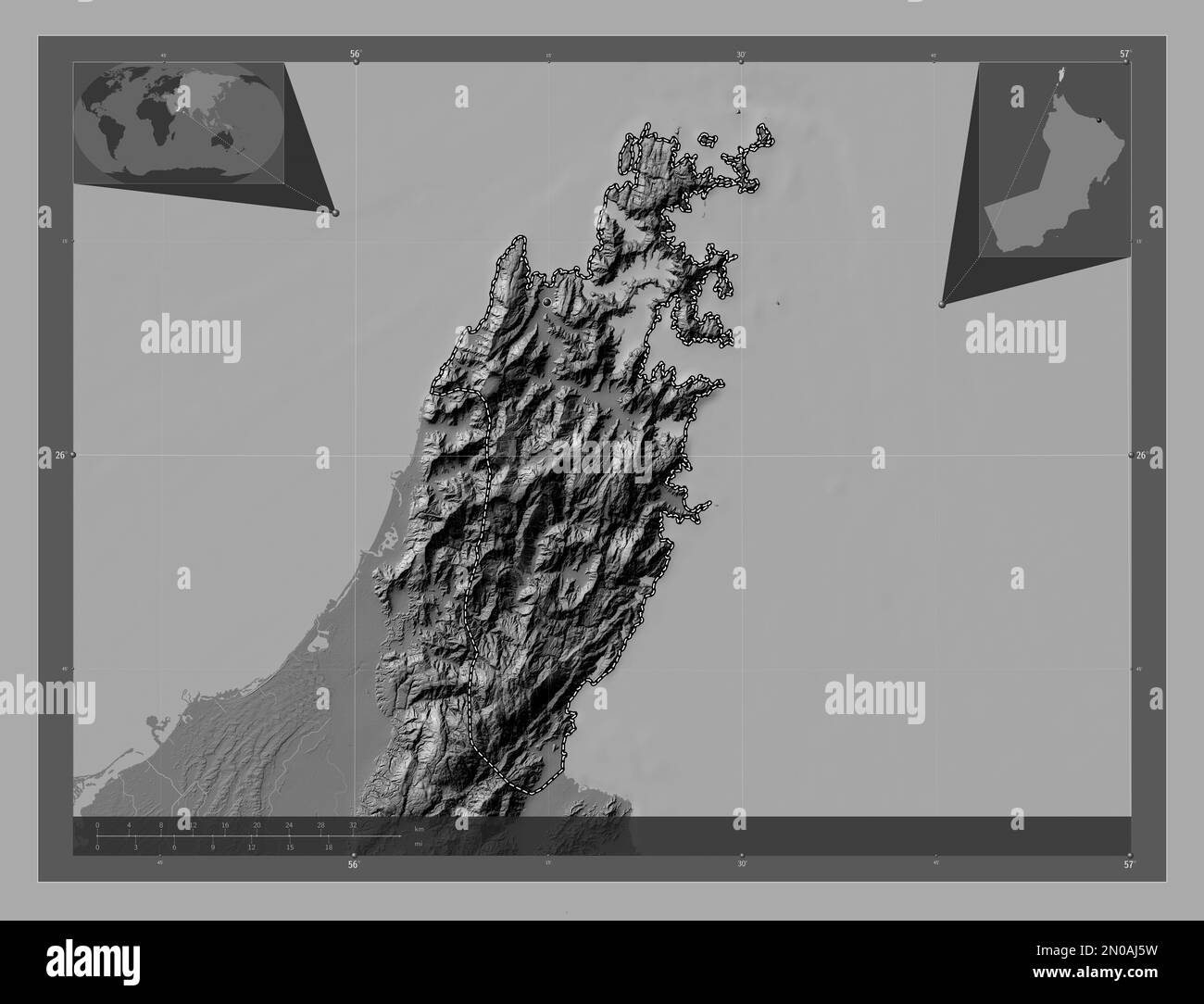 Musandam, province of Oman. Bilevel elevation map with lakes and rivers ...