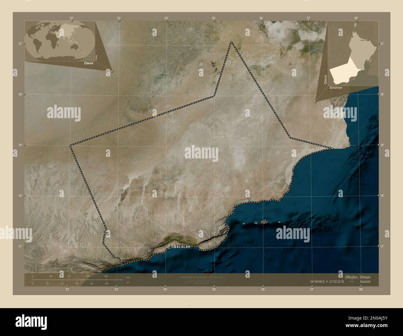 Dhofar, province of Oman. High resolution satellite map. Locations and ...
