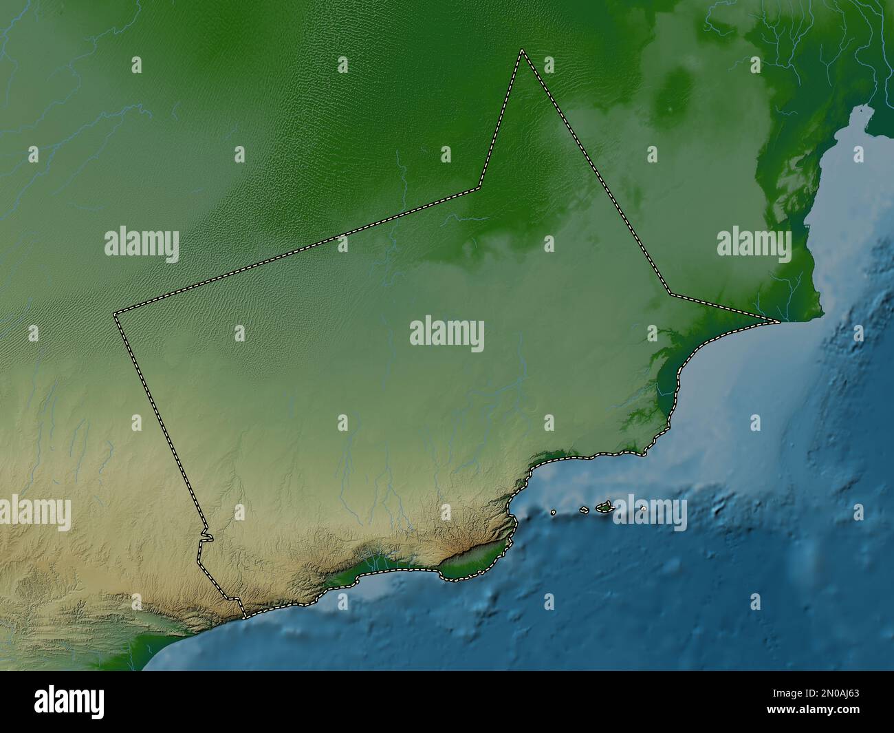 Dhofar, province of Oman. Colored elevation map with lakes and rivers ...