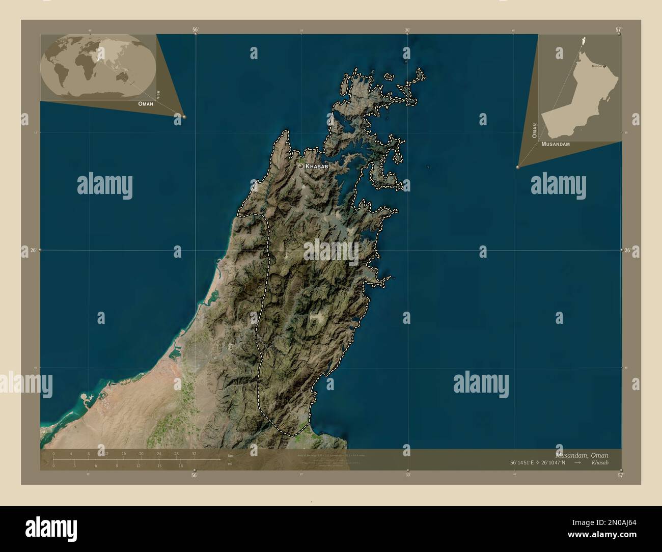 Musandam, province of Oman. High resolution satellite map. Locations ...
