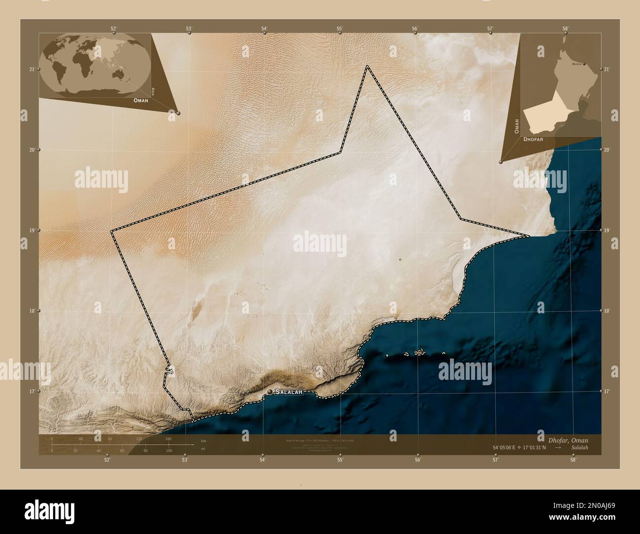 Dhofar, province of Oman. Low resolution satellite map. Locations and ...