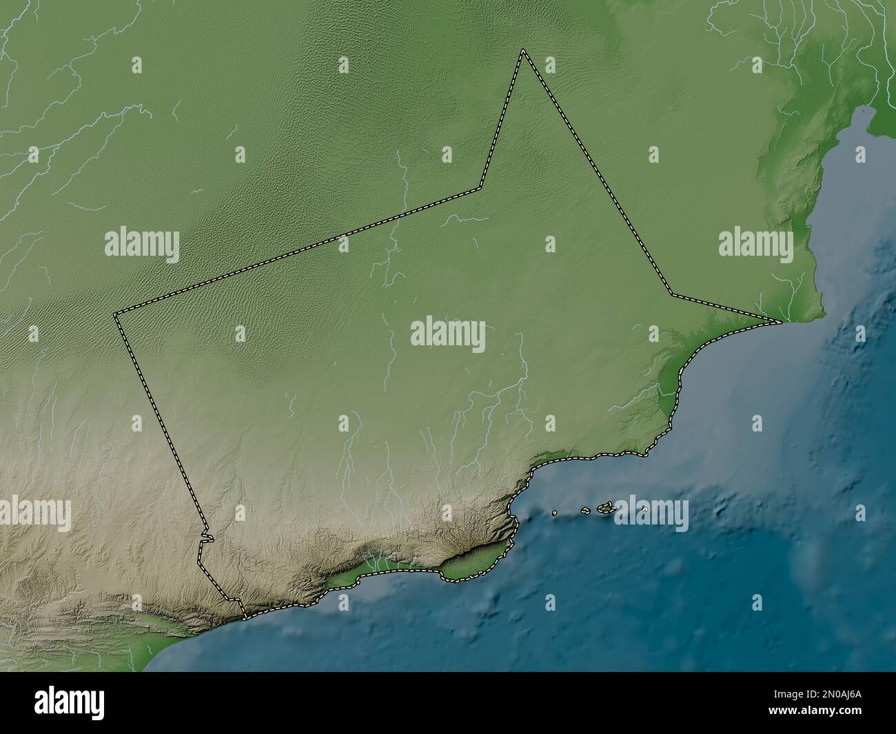 Dhofar, province of Oman. Elevation map colored in wiki style with ...