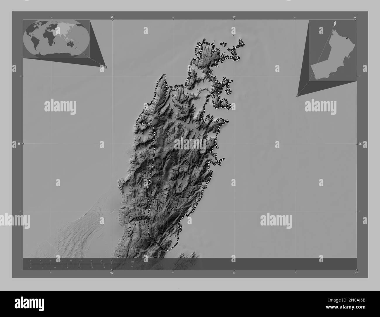 Musandam, province of Oman. Grayscale elevation map with lakes and ...